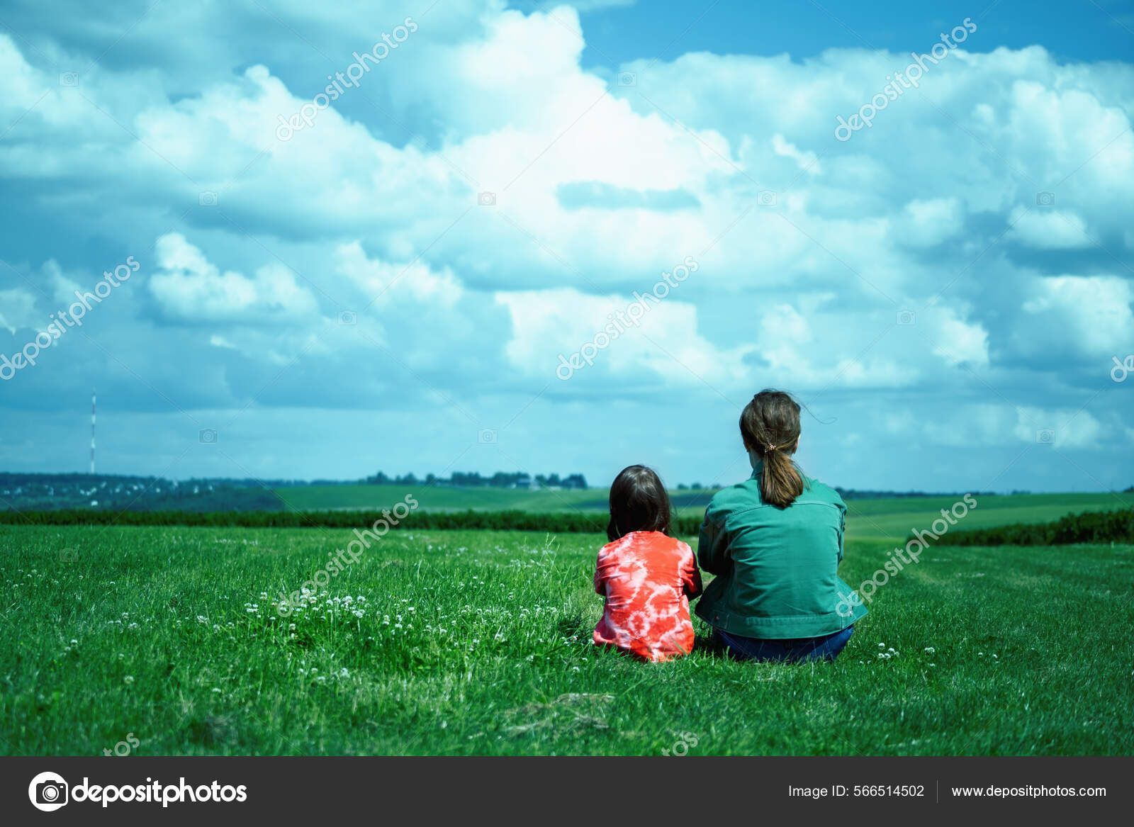 Two Young Girls Sitting Field Grass Looking Distance Nature Happiness ...