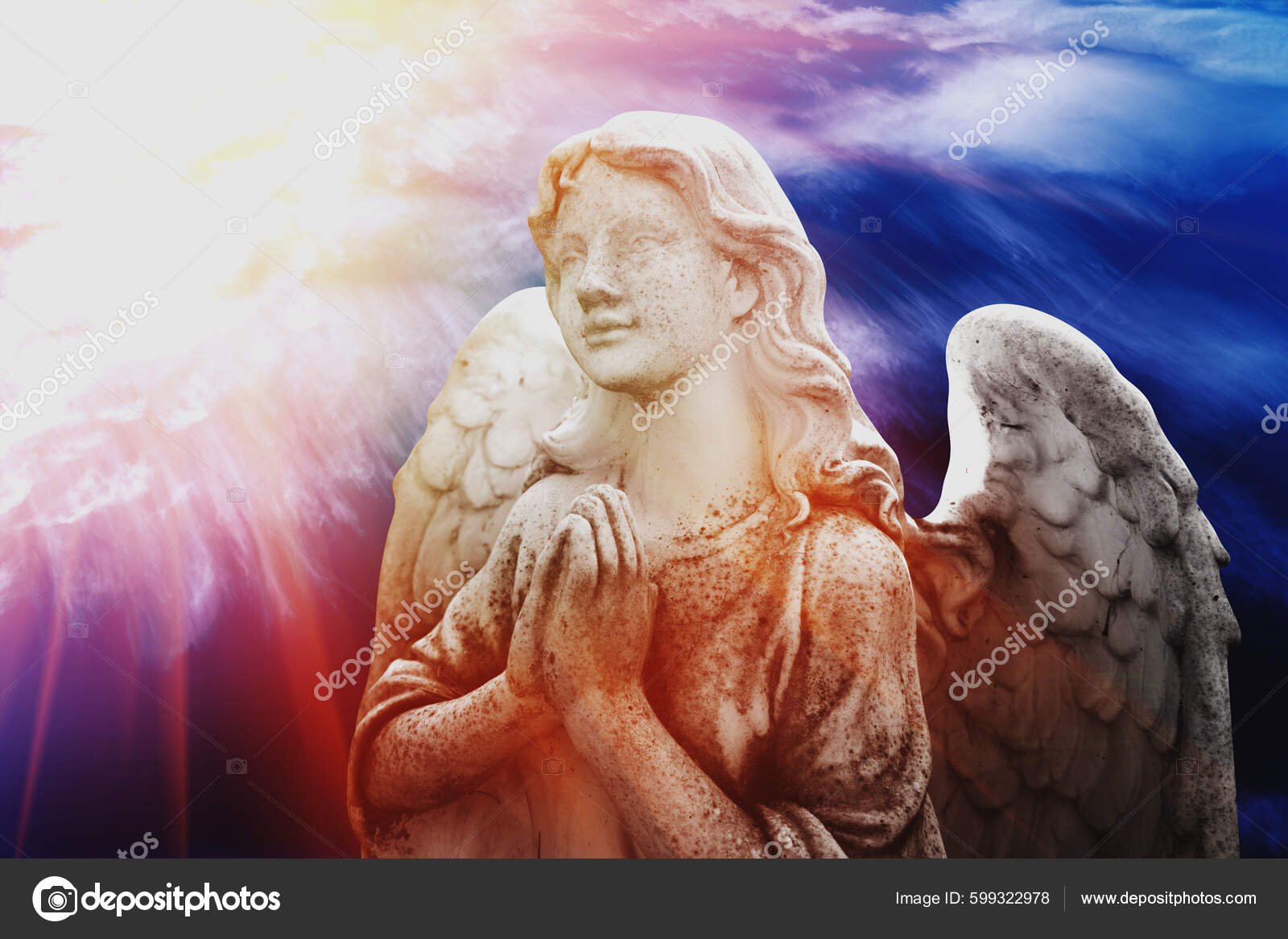 Beautiful Angel Wings Looking Sky Rays Light Ancient Statue Horizontal ...