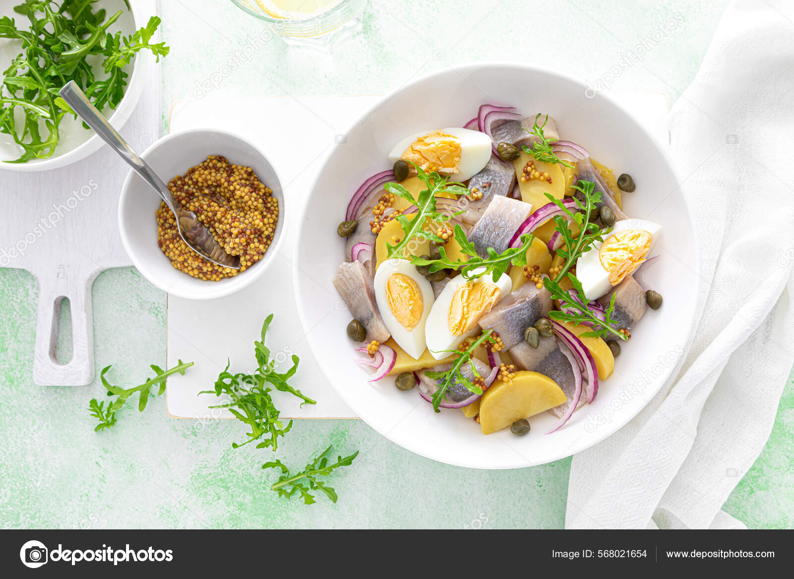 Herring Boiled Potato Salad Egg Capers Red Onion Top View — Stock Photo ...