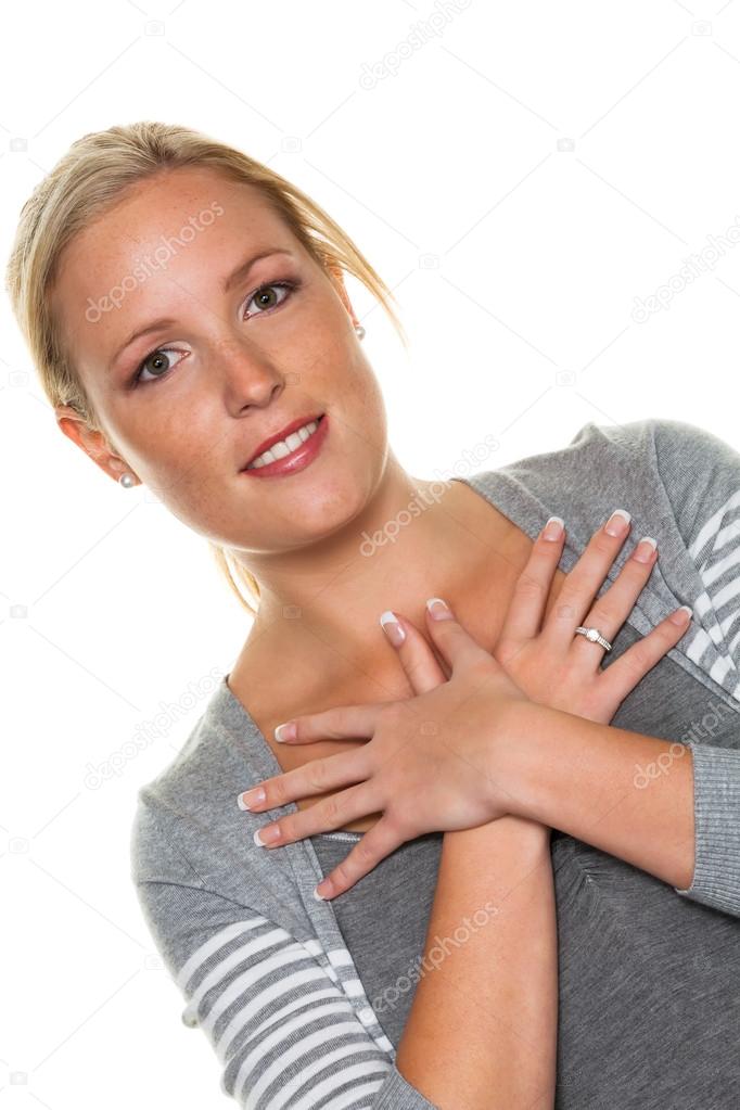 Woman holding hands in front of body ⬇ Stock Photo, Image by ...