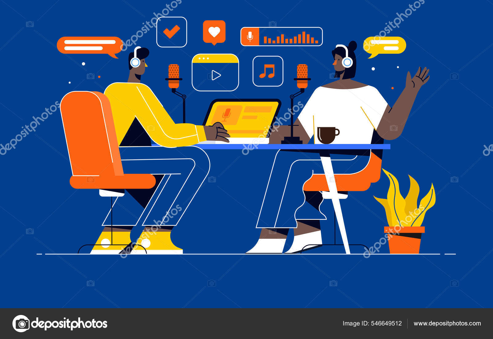 Podcast Concept Flat Design Illustration Two People Headphones Talking ...