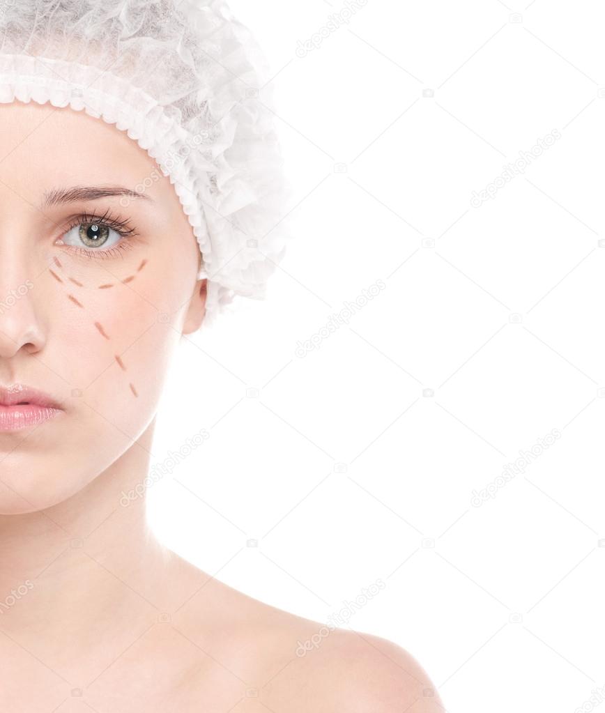 Beautician draw correction lines on woman face Stock Photo by ©markin ...