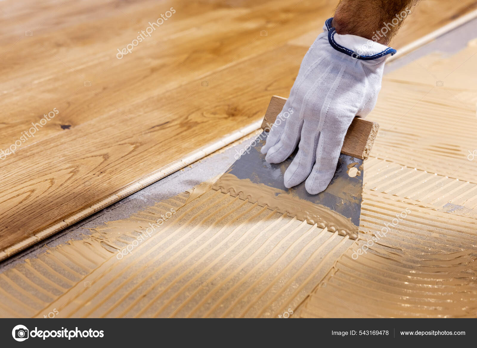 Worker Apply Adhesive Layer Parquet Flooring Stock Photo by ©ronstik ...