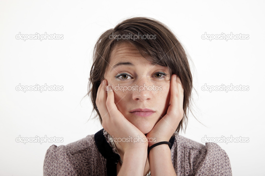 Face to face with a woman with hand under her visage — Stock Photo ...