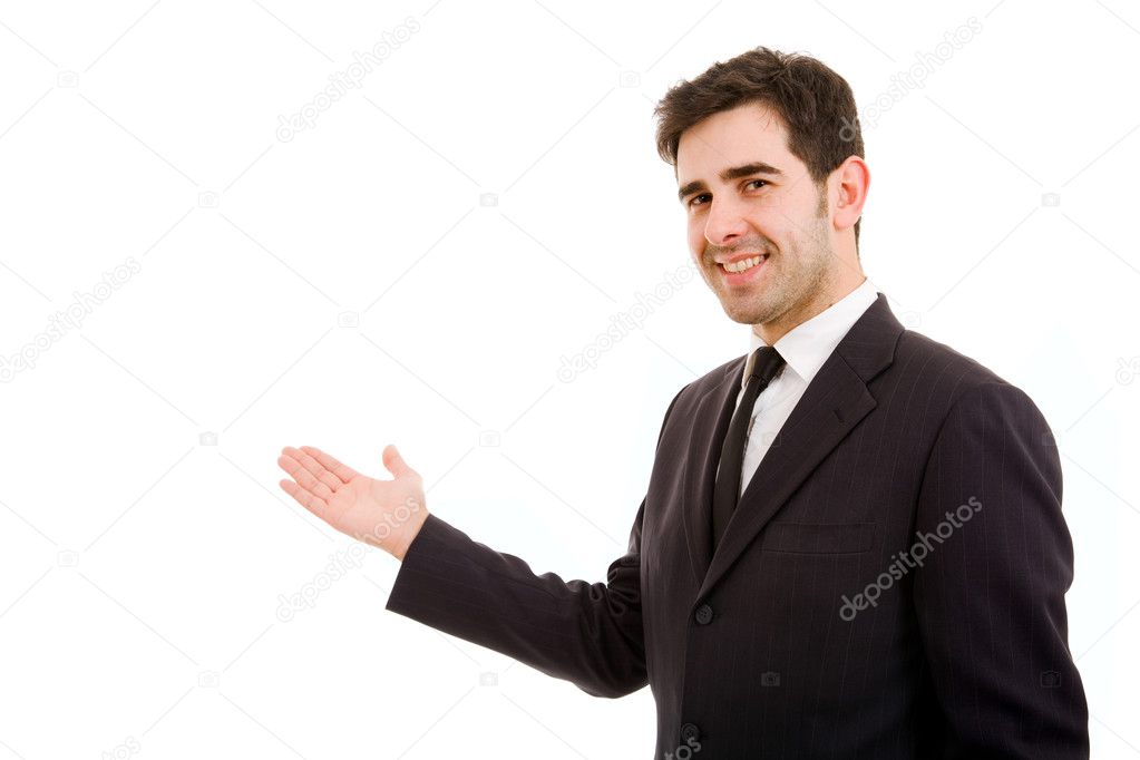 Business man presenting over a white background Stock Photo by ...