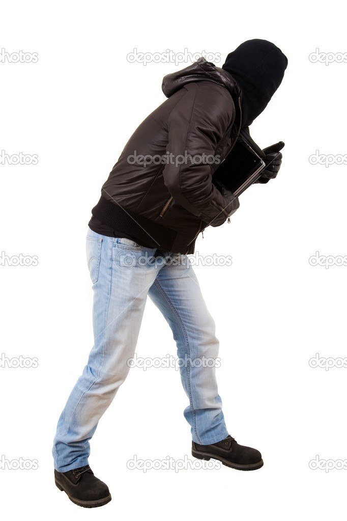 Thief stealing a laptop, isolated over white background Stock Photo by ...