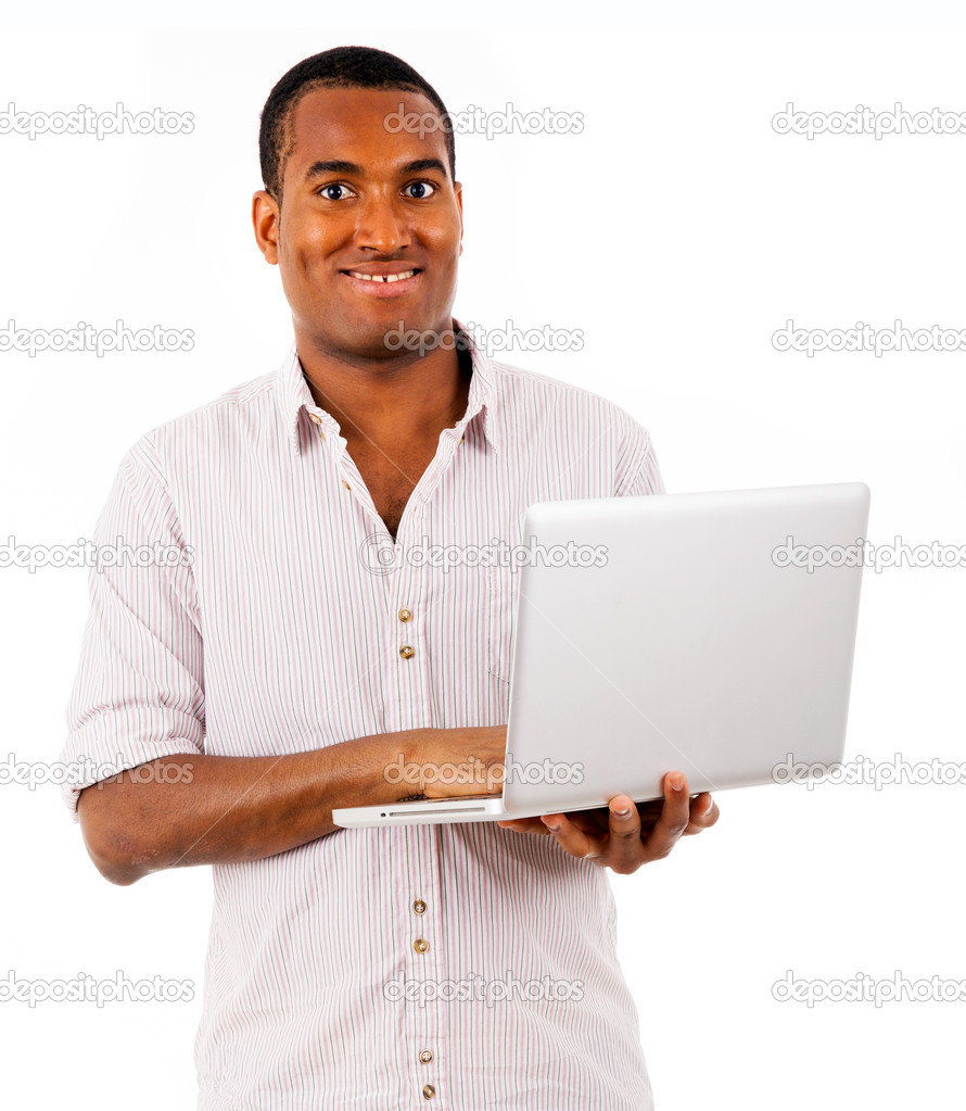 Smiling black man with laptop, isolated on white Stock Photo by ...