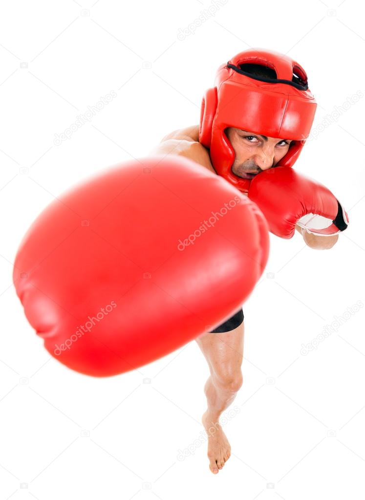 Top view of young Boxer fighter with boxing helmet and gloves over ...