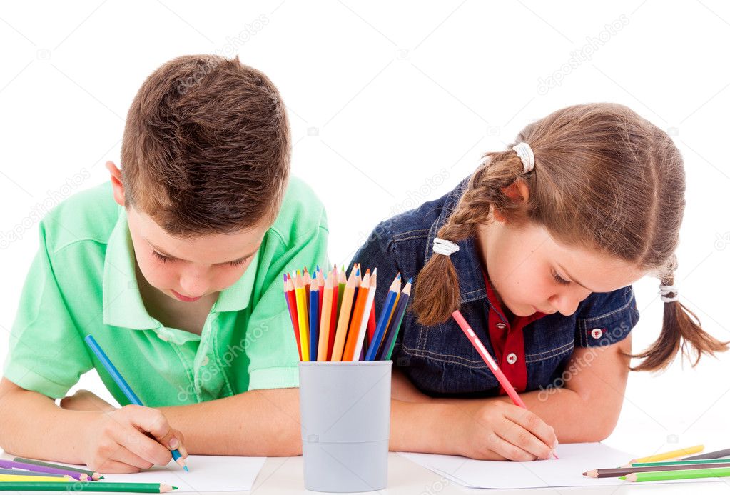 Two children drawing with colorful crayons, isolated over white — Stock ...