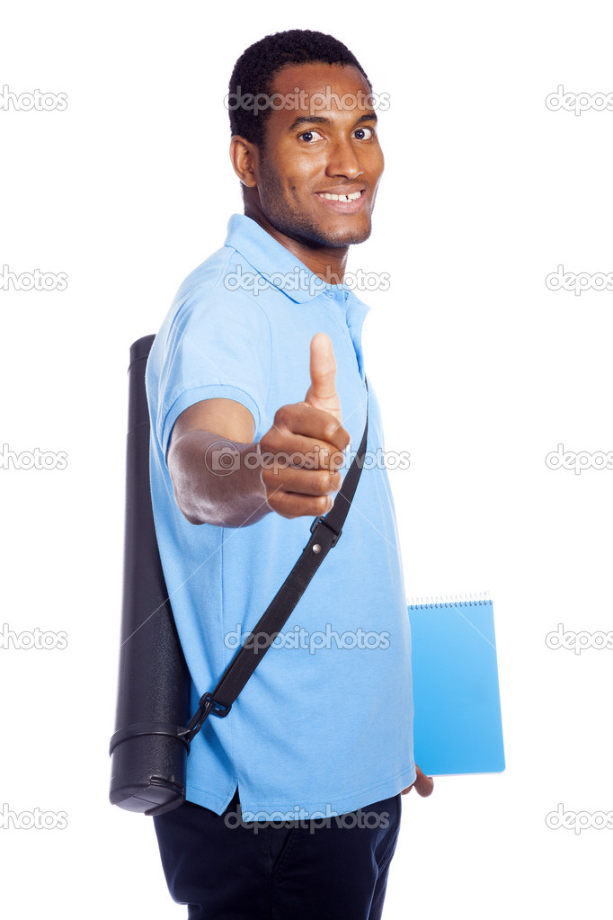 African American student thumbs up - isolated over a white backg ...