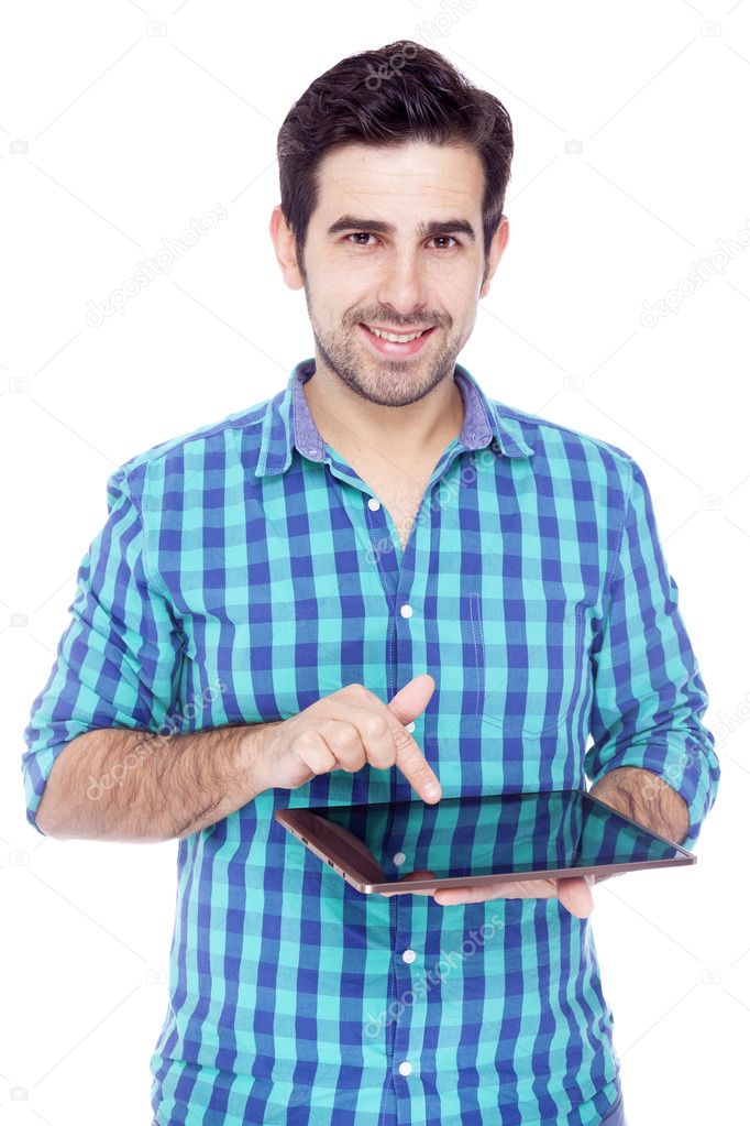 Handsome Smiling Man Using A Tablet Computer Isolated Over A Wh Stock