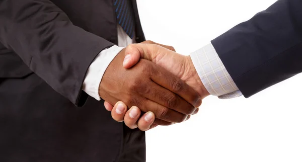 Handshake between african and a caucasian business man, isolated Stock ...