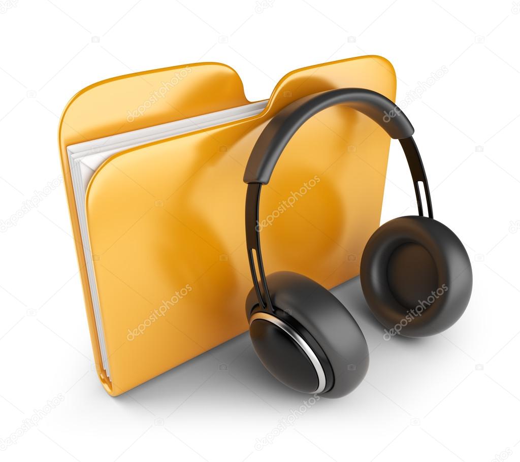 Yellow audio folder with headphones. 3D Icon isolated on white Stock ...