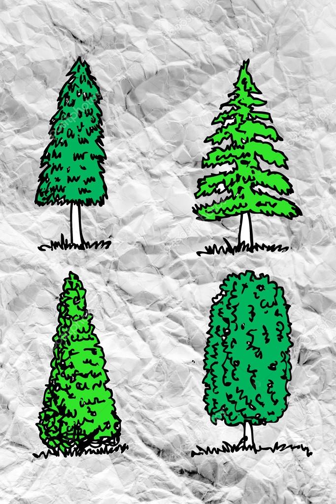 Set of trees with leaves on crumpled paper — Stock Photo © porjai #42600493