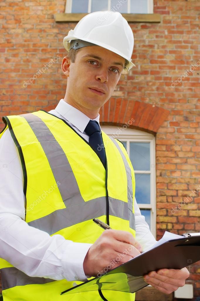 Construction professional with clipboard, an inspector, surveyor ...