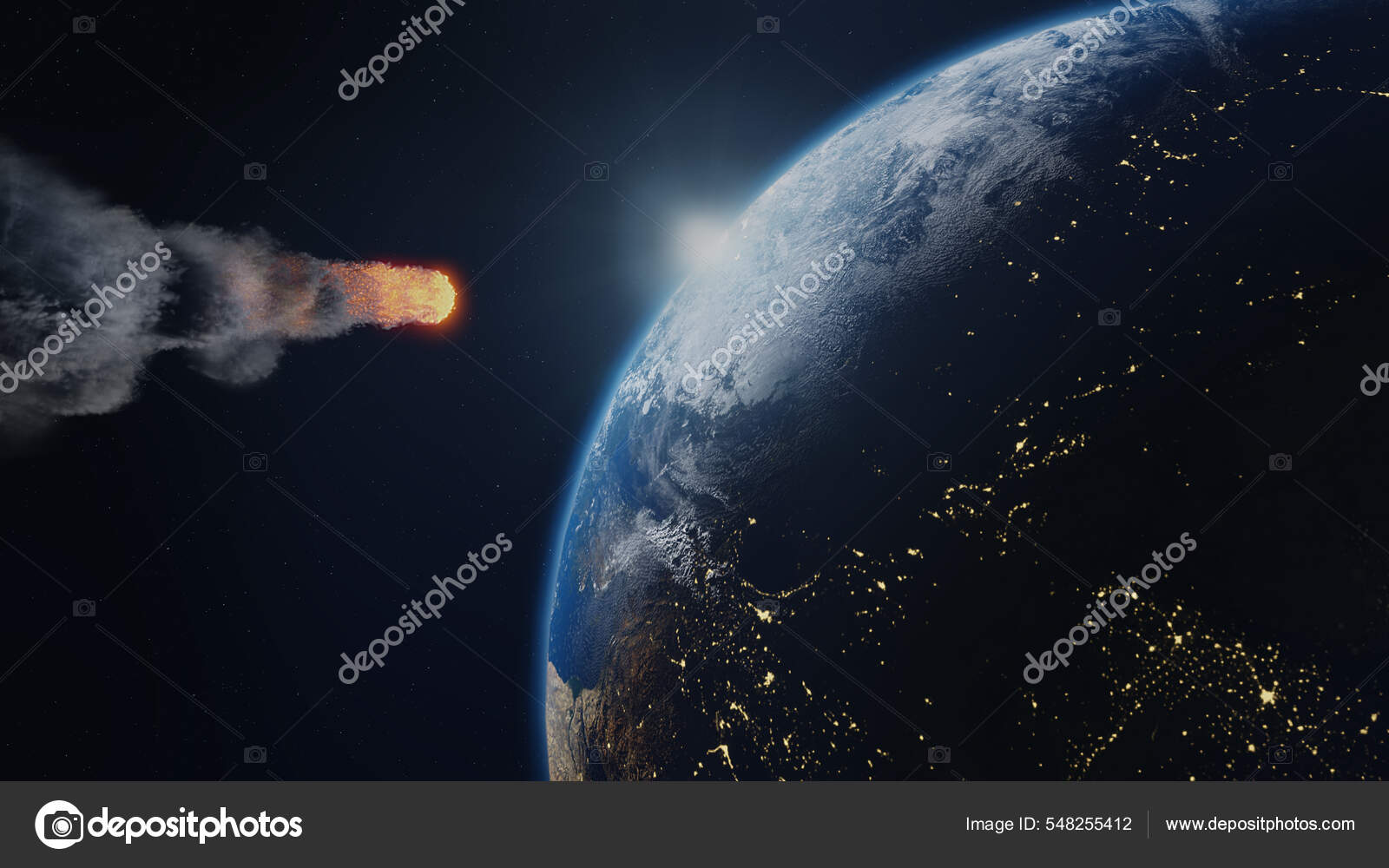 Asteroid Comet Meteorite Glows Collision Planet Earth — Stock Photo ...