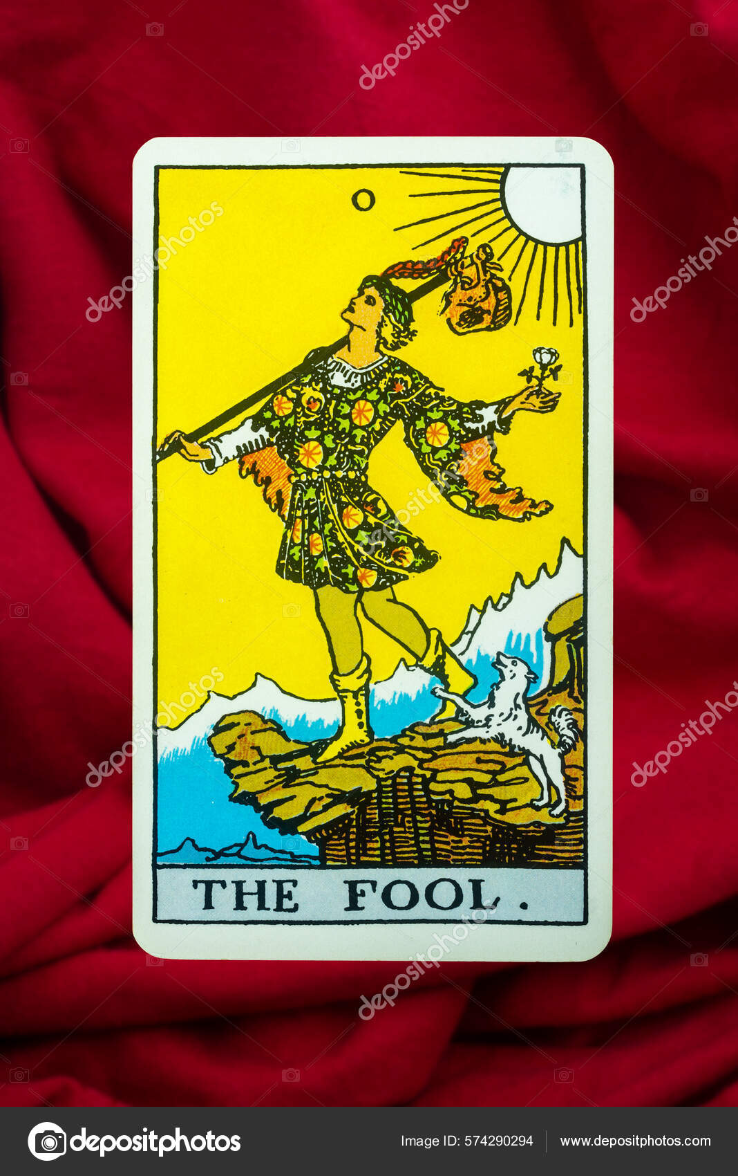 Fool Tarot Card Rider Waite Deck Red Fabric Background – Stock ...