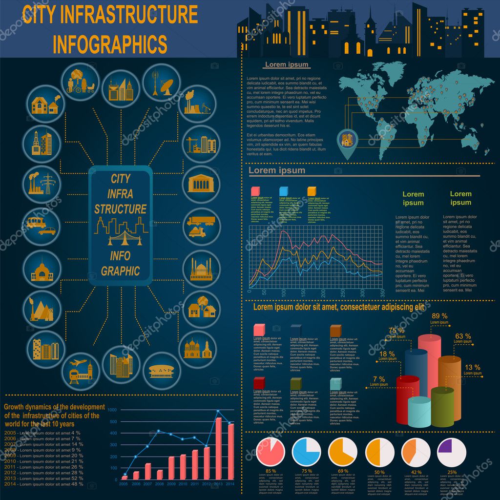 Conjunto de elementos infraestructura ciudad, vector infograf as 2024