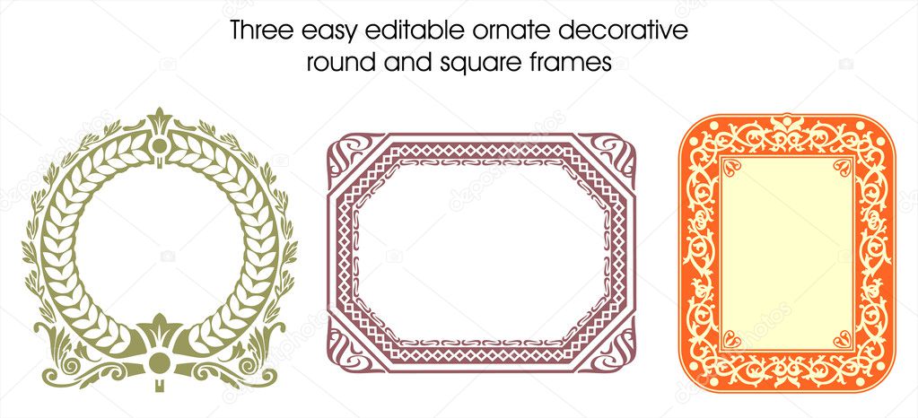 Three easy editable ornate decorative round and square frames — Stock ...