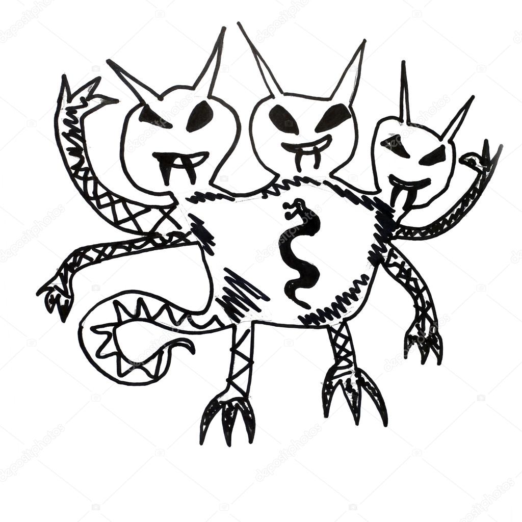 Monster three heads evil hero hand drawing isolated Stock Illustration ...