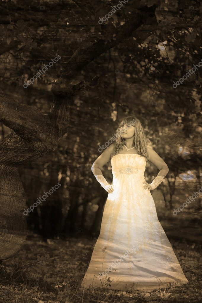 Retro sepia black and white photo, bride on wedding day is in a — Stock ...