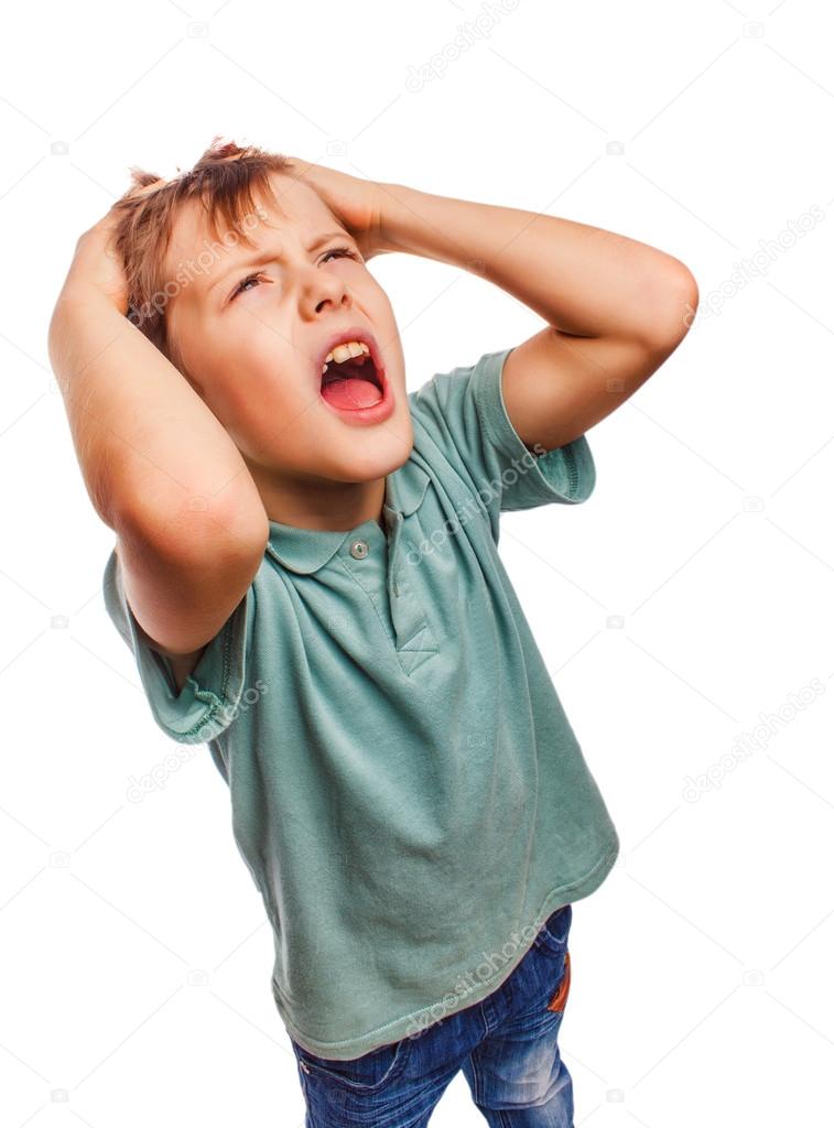 Child boy upset angry shout produces evil face portrait isolated Stock ...