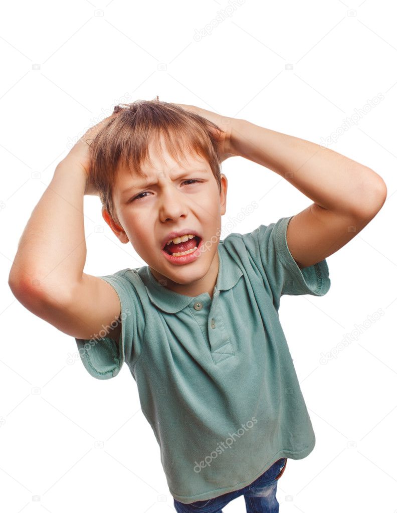 Child upset angry boy shout produces evil face portrait isolated ...