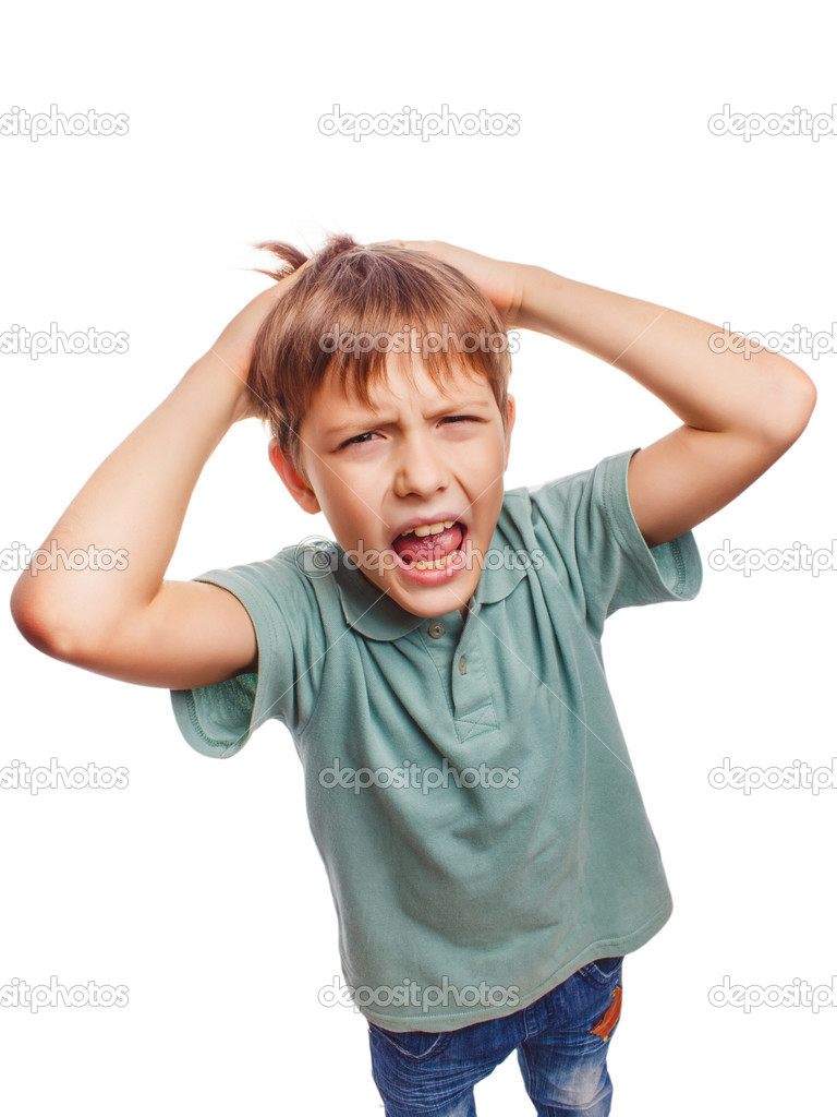 Boy child upset angry shout produces evil face portrait isolated Stock ...
