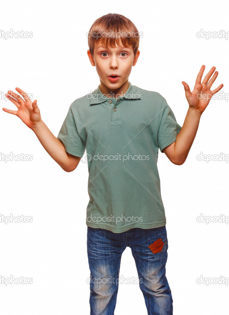 Boy raised his hands up baby teenager surprised isolated emotion Stock ...