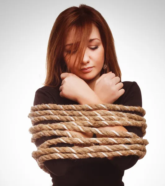 Woman Prisoner Tied Rope Hostage Female Bondage Bound Girl Slave Stock