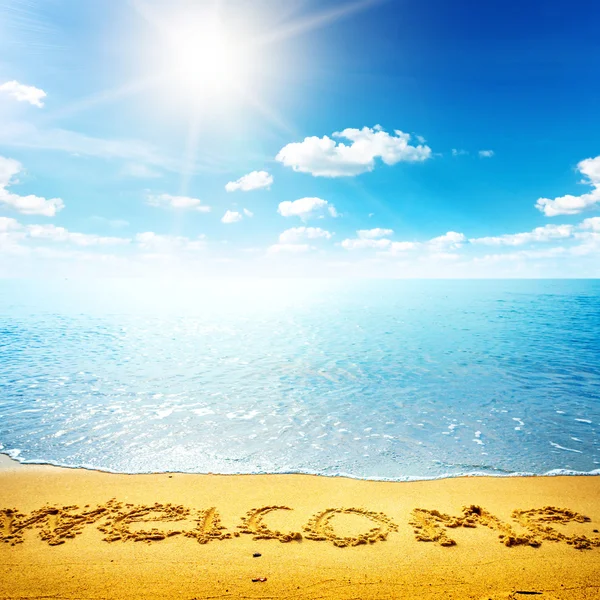 Hand Written Word Welcome Sand Sea Beach Background Stock Photo by ...