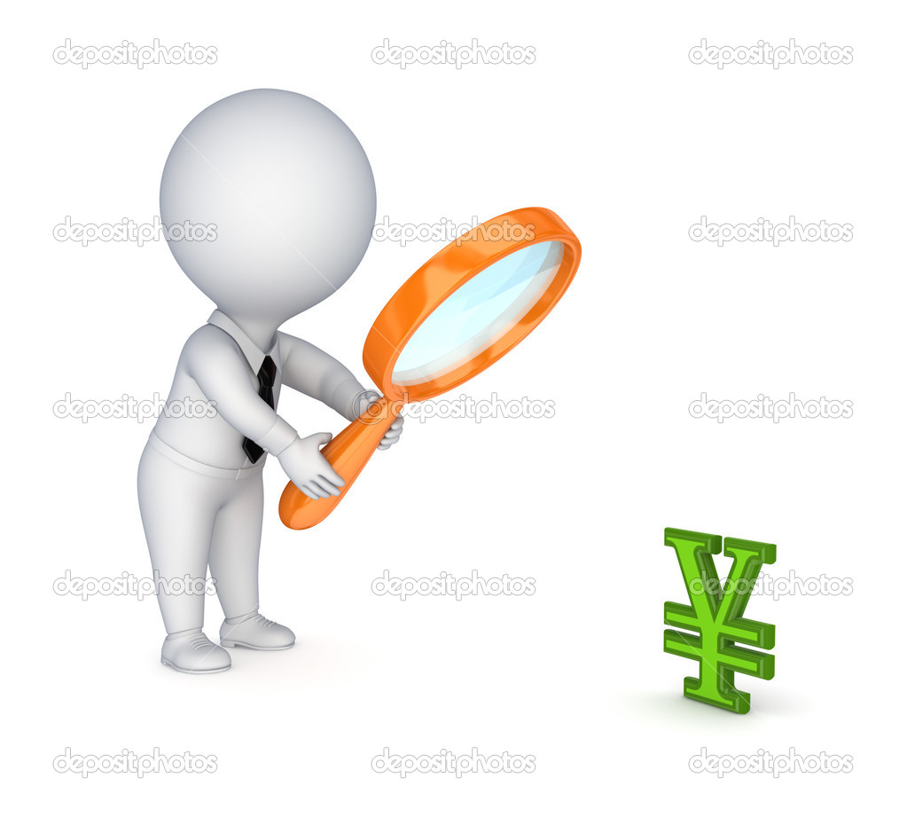 3d persona pequeña con un símbolo de lupa y yen. 2023