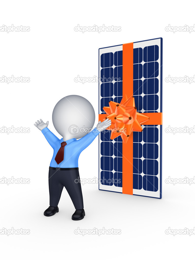 Happy 3d small person and solar battery. Stock Illustration by ...