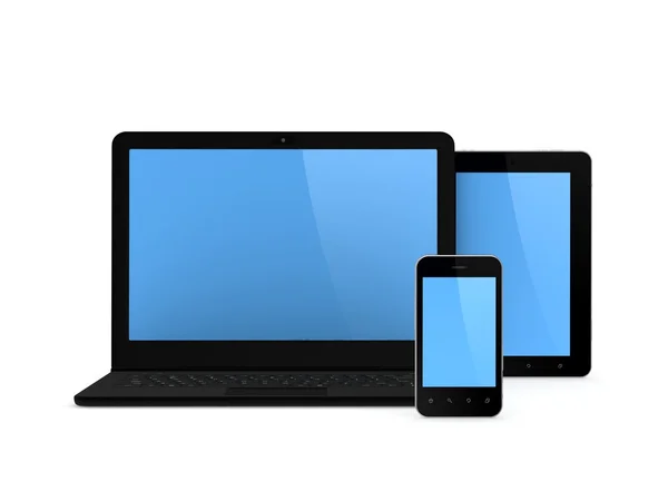 tablet pc, telefone celular, notebook e computadores — Fotografias de ...