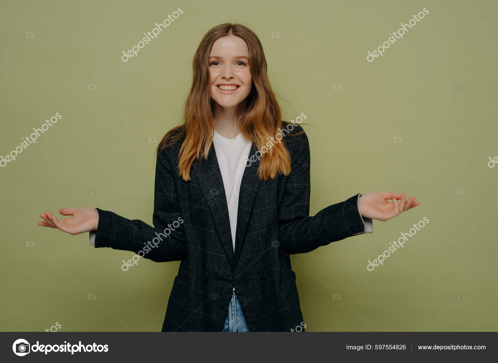 Smiling Positive Female Shrugging Shoulders Spreaded Hands Looking ...