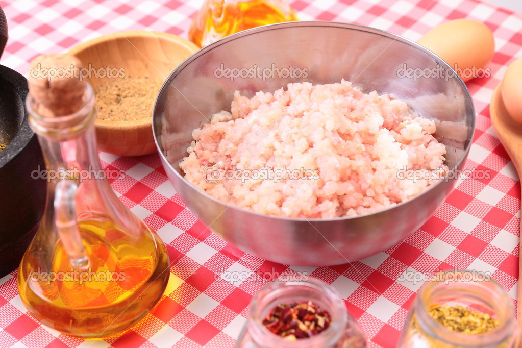 Minced fish in the bowl and spices Stock Photo by ©bozhdb 41160055
