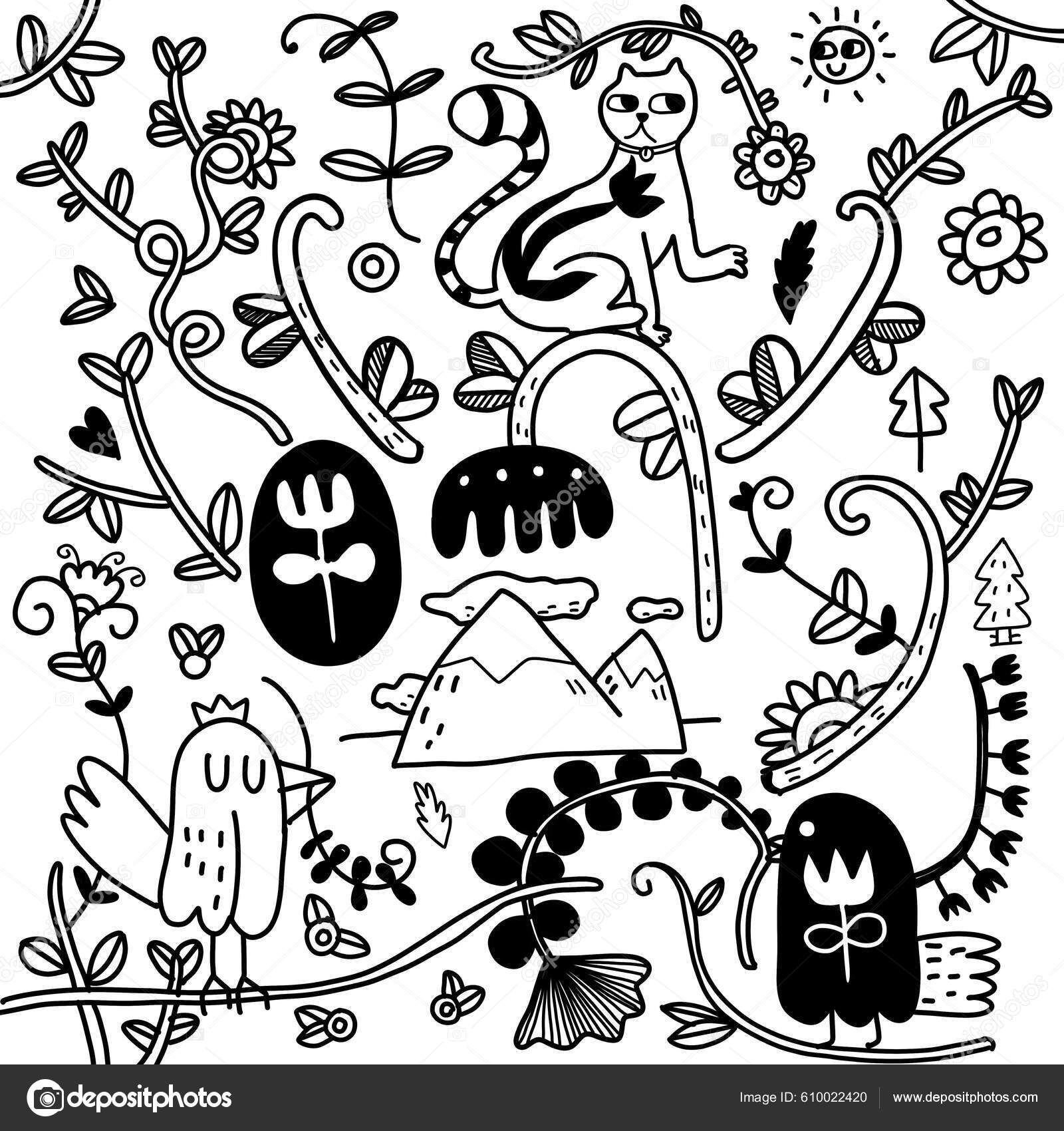 Traditional Doodle Drawings Trees Flowers Birds Clouds Line Lovely ...