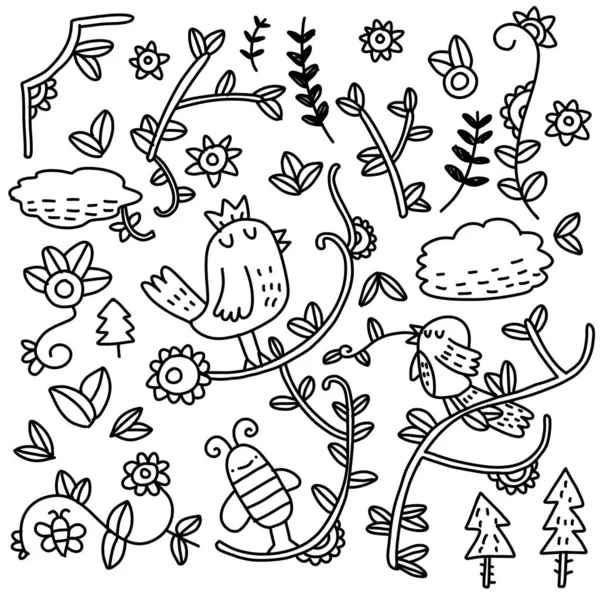 Traditional Doodle Drawings Trees Flowers Birds Clouds Line Lovely ...