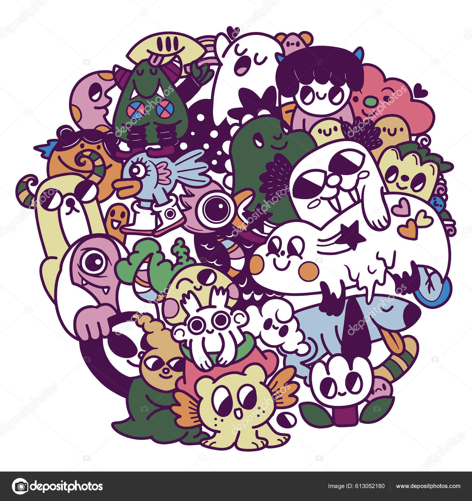 Vector Illustration Funny Monsters Circle Shape Pattern Hand Drawing ...