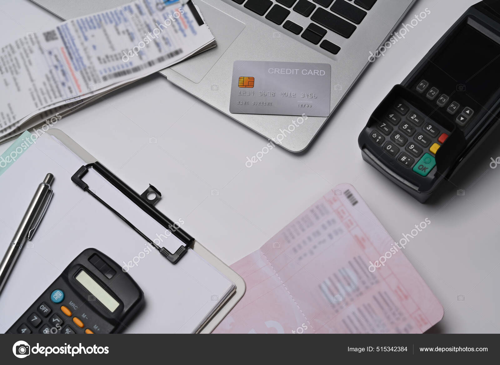 View Laptop Computer Calculator Book Bank Credit Card Bills White ...