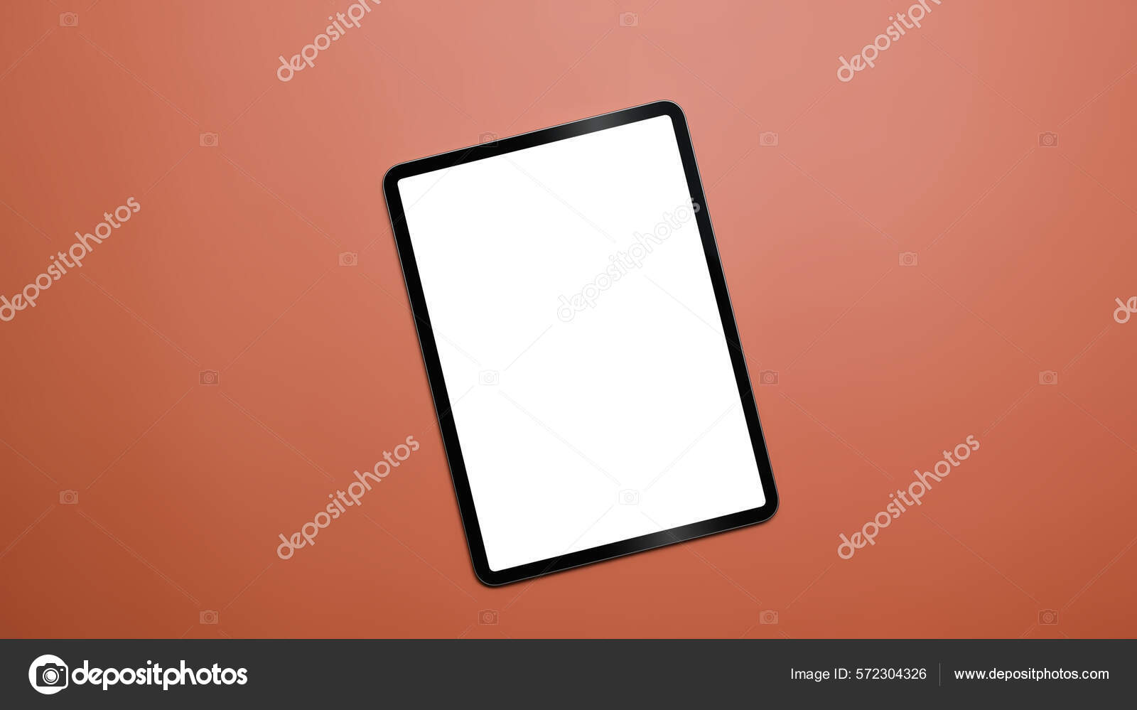 Digital tablet with empty screen on orange background with copy space ...