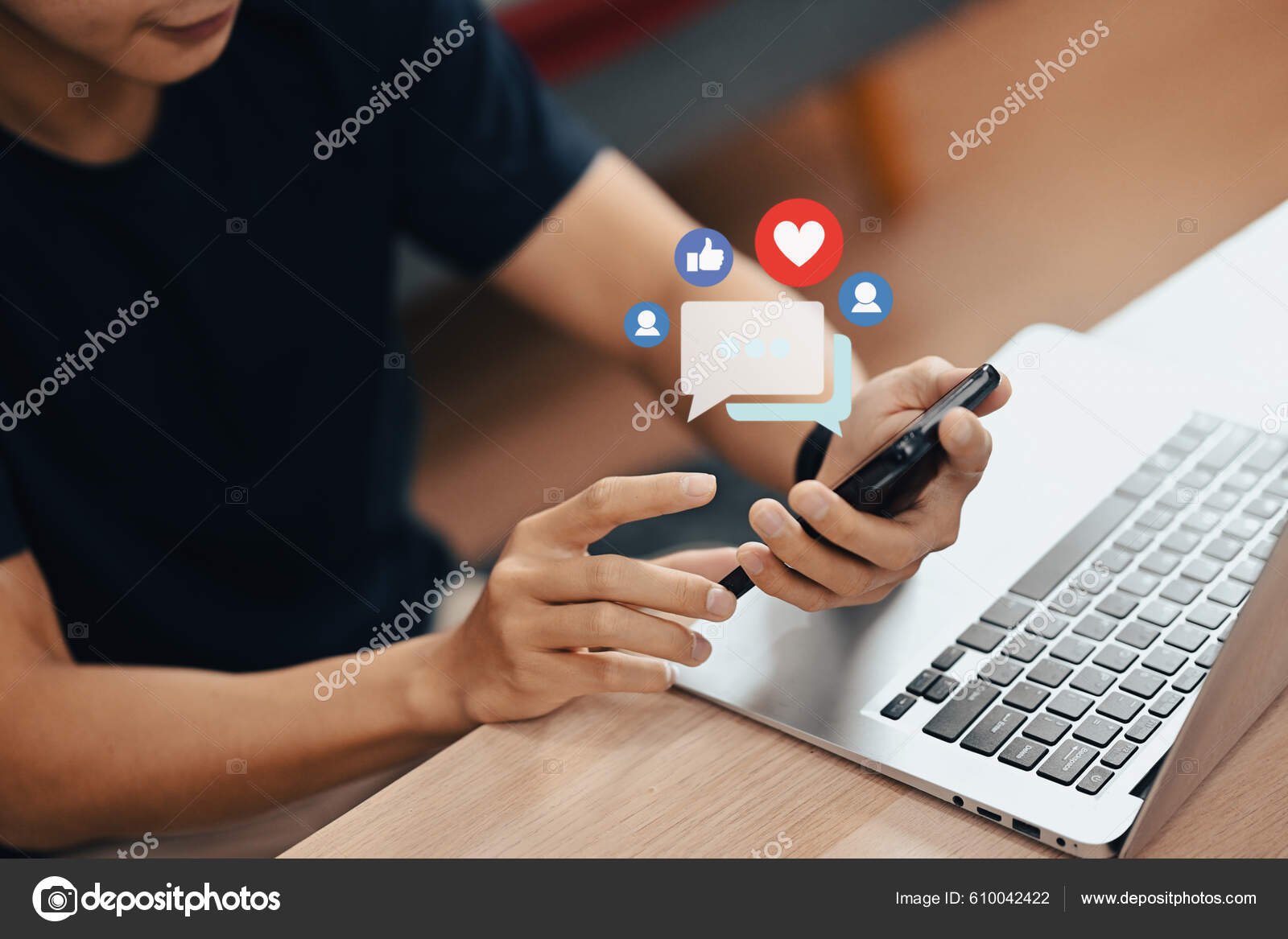 Cropped Image Man Hand Typing Smart Phone Notification Icons Message ...