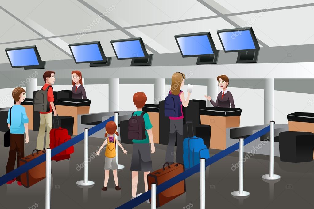 Lining up at the check-in counter in the airport — Stock Vector ...