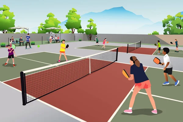 A vector illustration of kids playing pickleball in a park 2023