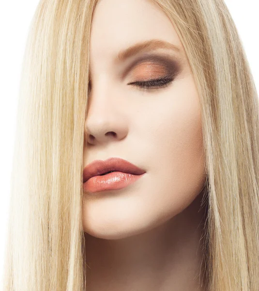 Modelo de mujer sensual con cabello rubio largo y liso brillante: fotografía de stock ...