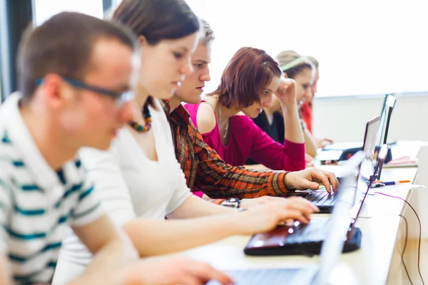 College students sitting in a classroom, using laptop computers - Stock ...