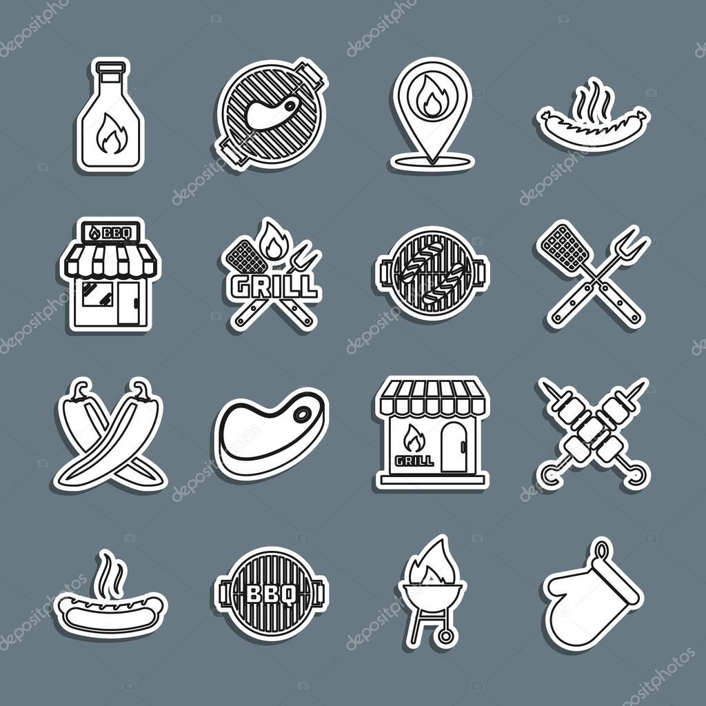 Set line Guante horno, Kebab shish a la parrilla, Tenedor cruzado y ...