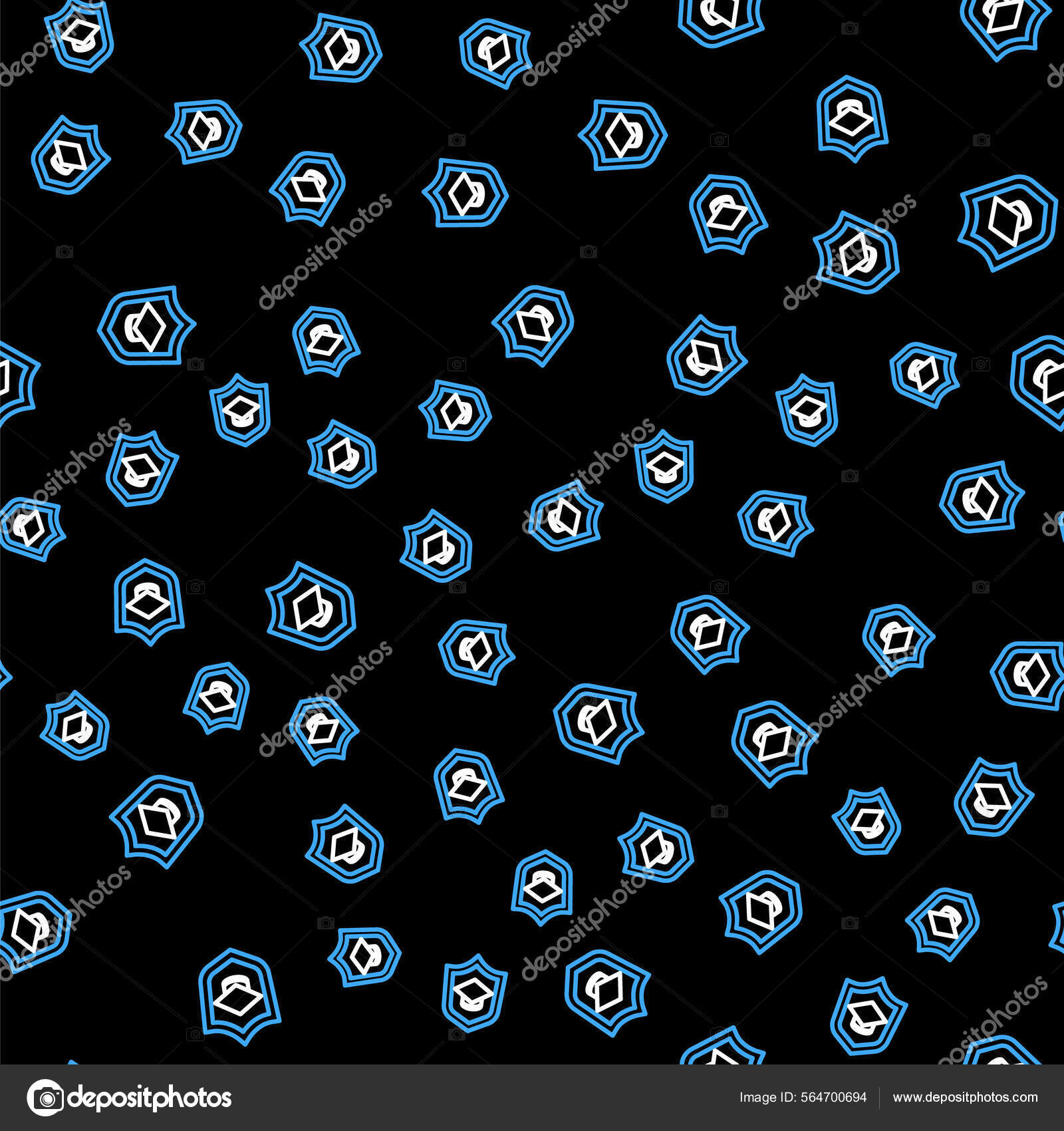 Line Graduation cap with shield icon isolated seamless pattern on black ...