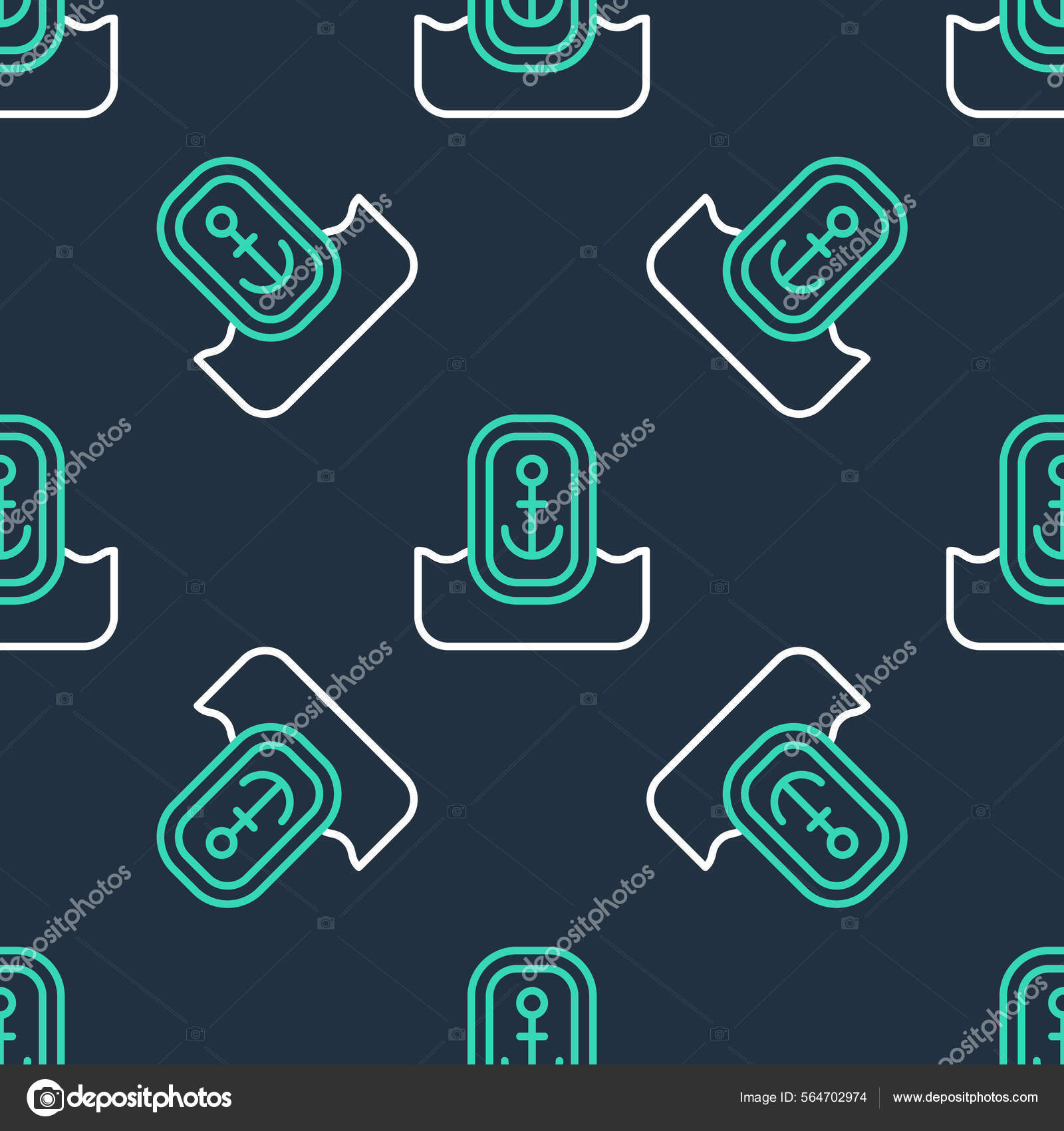 Line Map pointer with anchor icon isolated seamless pattern on black background. Vector Stock ...