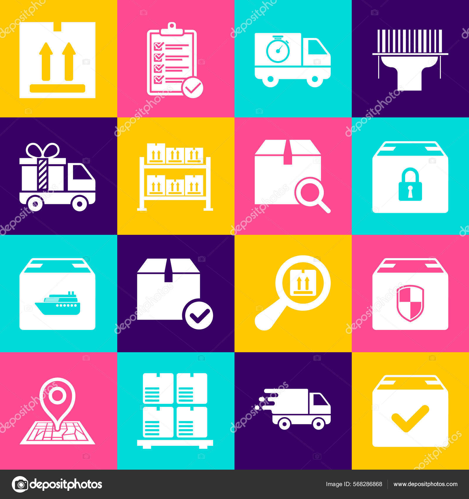 Set Package box with check mark, Delivery security shield, Locked package, truck and stopwatch ...